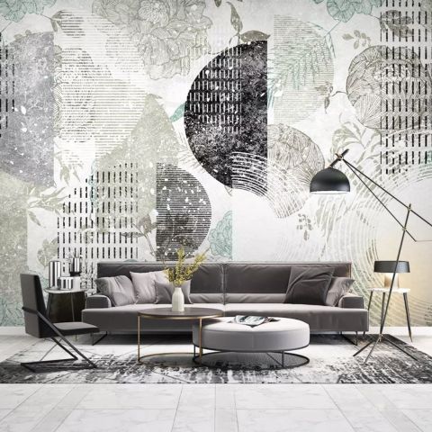 Geometric Pattern with Floral Wallpaper Mural • Wallmur®