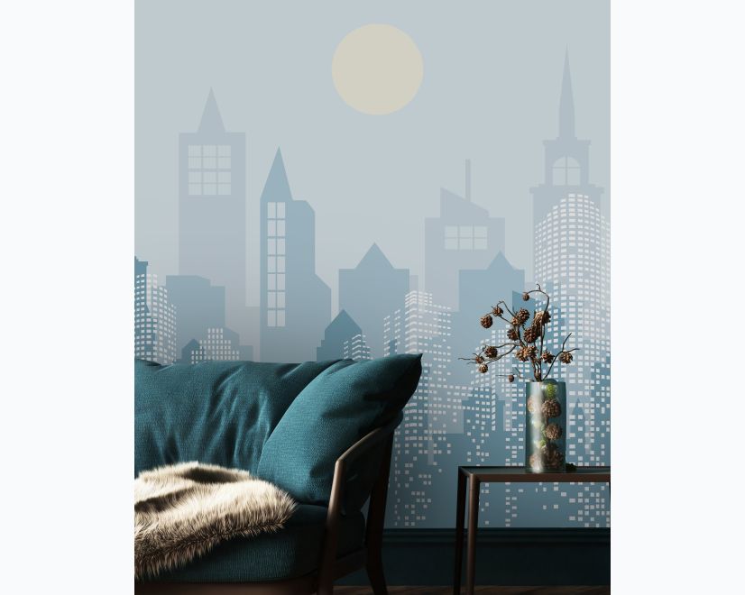 Blue Monochrome Cityscape and Soft Sun Wallpaper Mural • Wallmur®