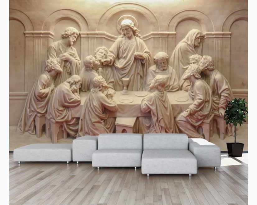 3d Embossed Look Cement Religious Sculpture Wallpaper Mural • Wallmur®