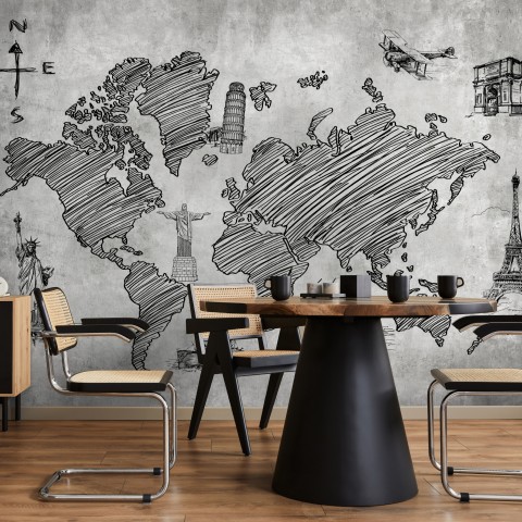 Monochrome World Map Wallpaper Mural • Wallmur®