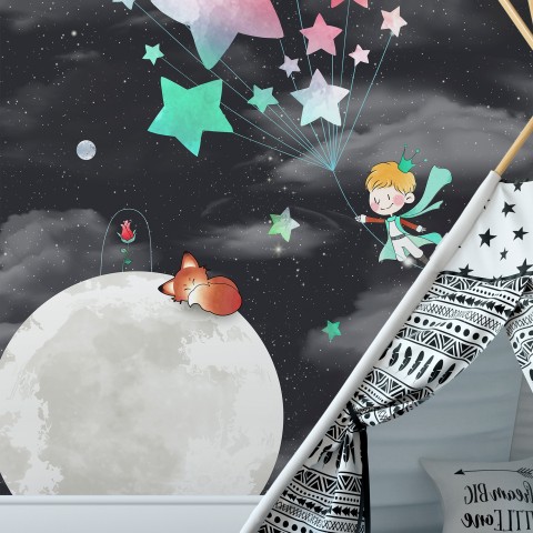 Little Prince and Moon with Watercolor Stars Wallpaper Mural • Wallmur®