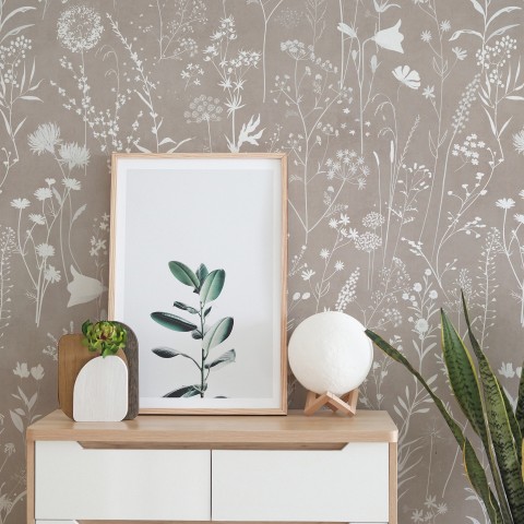Bohemian Style Neutral Color Wild Flowers Art Wallpaper Mural • Wallmur®