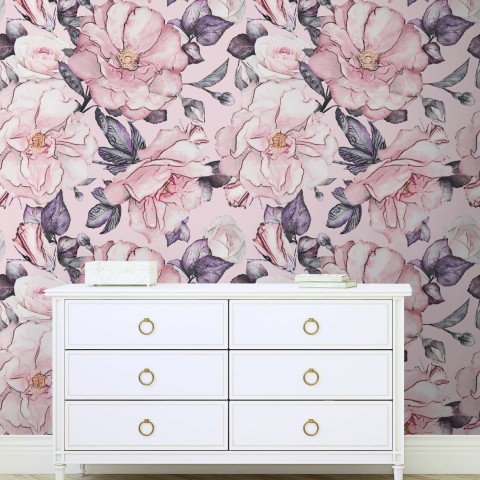 Watercolor Pink Floral Pattern Wallpaper Mural • Wallmur®
